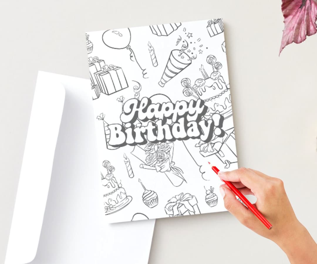 HAPPY BIRTHDAY Printable Folding Coloring Card | Bonus Coloring Page - Etsy