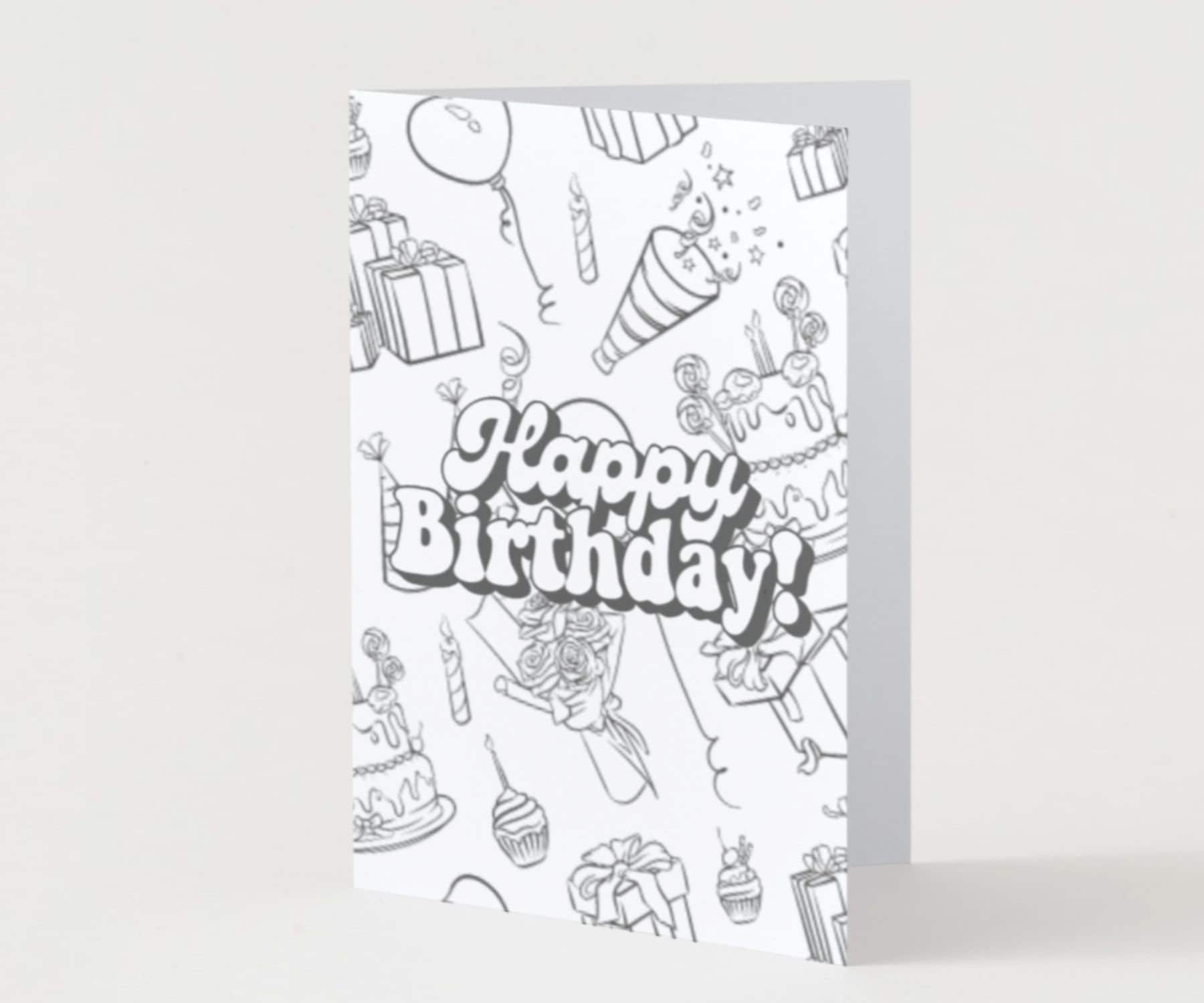 HAPPY BIRTHDAY Printable Folding Coloring Card | Bonus Coloring Page - Etsy