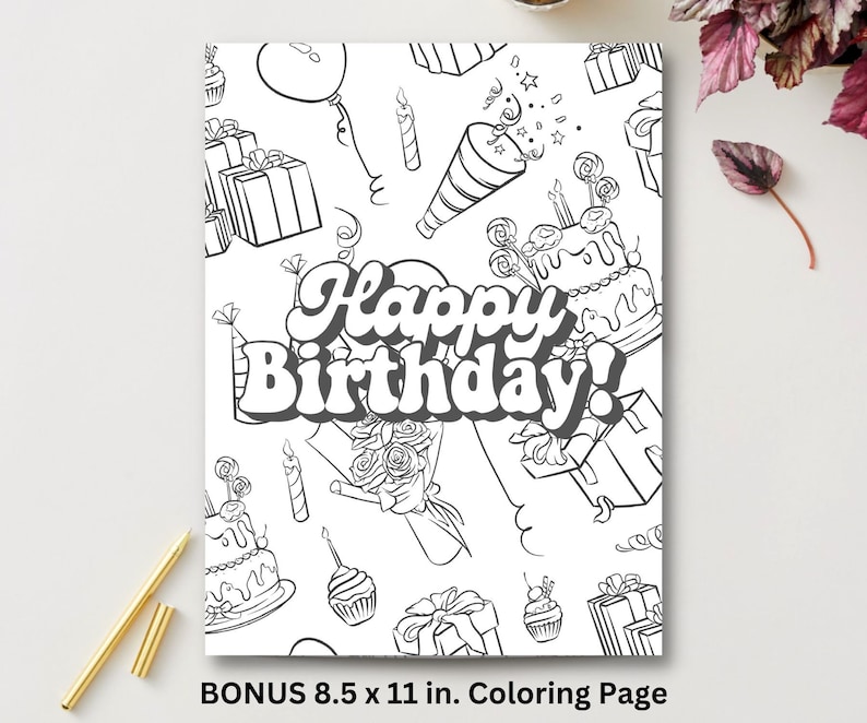HAPPY BIRTHDAY Printable Folding Coloring Card | Bonus Coloring Page - Etsy