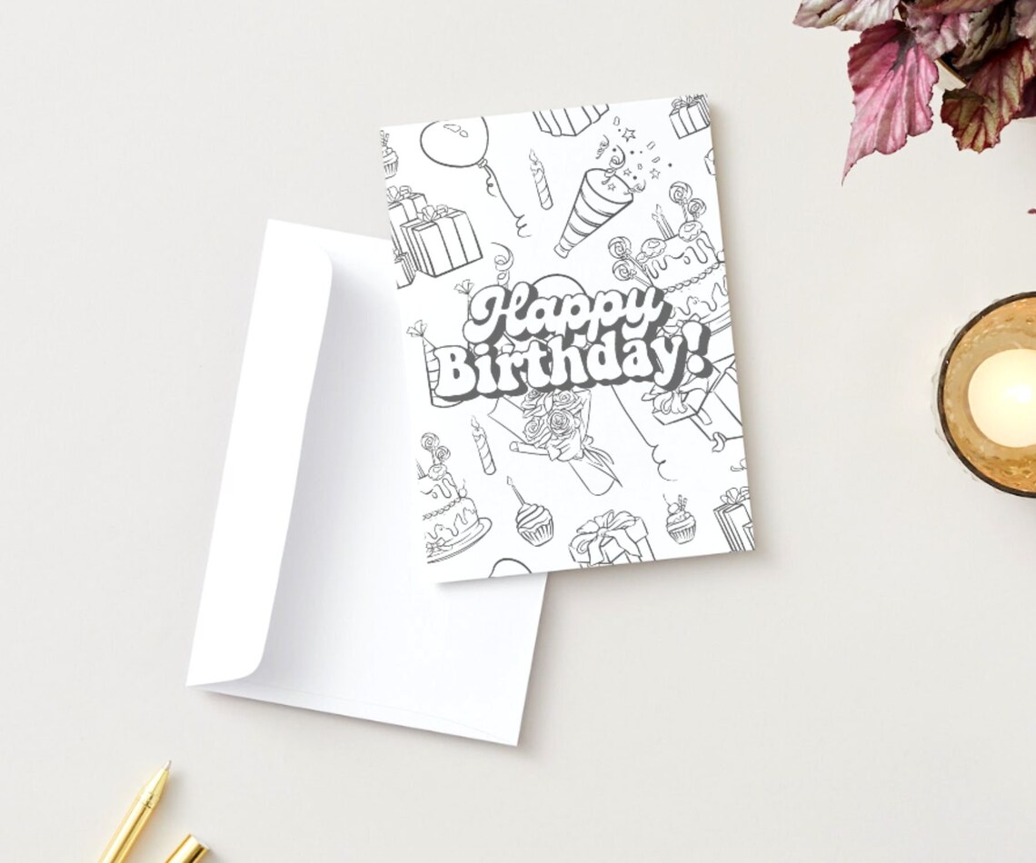 HAPPY BIRTHDAY Printable Folding Coloring Card | Bonus Coloring Page - Etsy