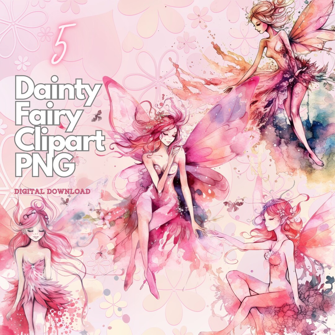 5 Pink Dainty Fairy Watercolor Clipart PNG Digital Download - Etsy
