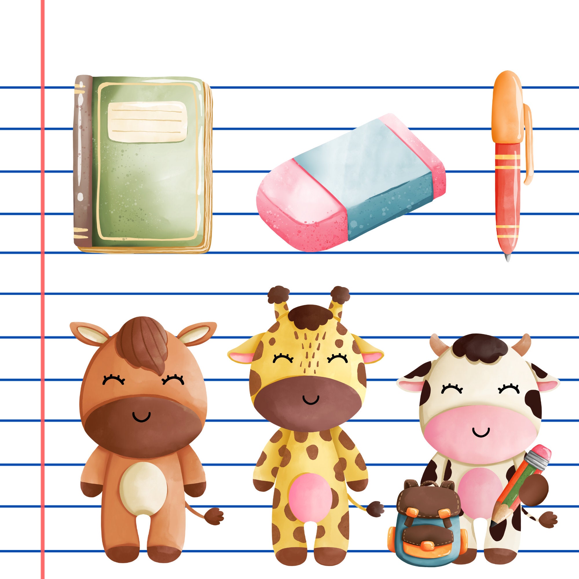Cute School Essentials Clipart Bundle, Animal Friends Studying Theme ...