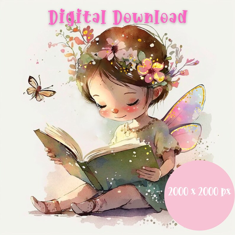 Watercolor Baby Fairy Reading Clipart, 1 JPEG File, Fairy Art Graphic ...