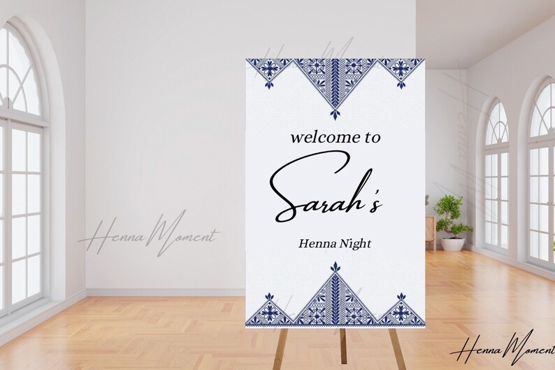 Moroccan Personalized HENNA WELCOME SIGN, Blue Fassi Decorated Welcome ...