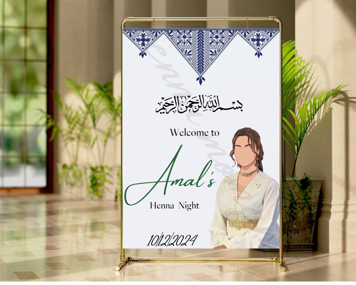 Moroccan Personalized HENNA WELCOME SIGN, Blue Fassi Decorated Welcome ...