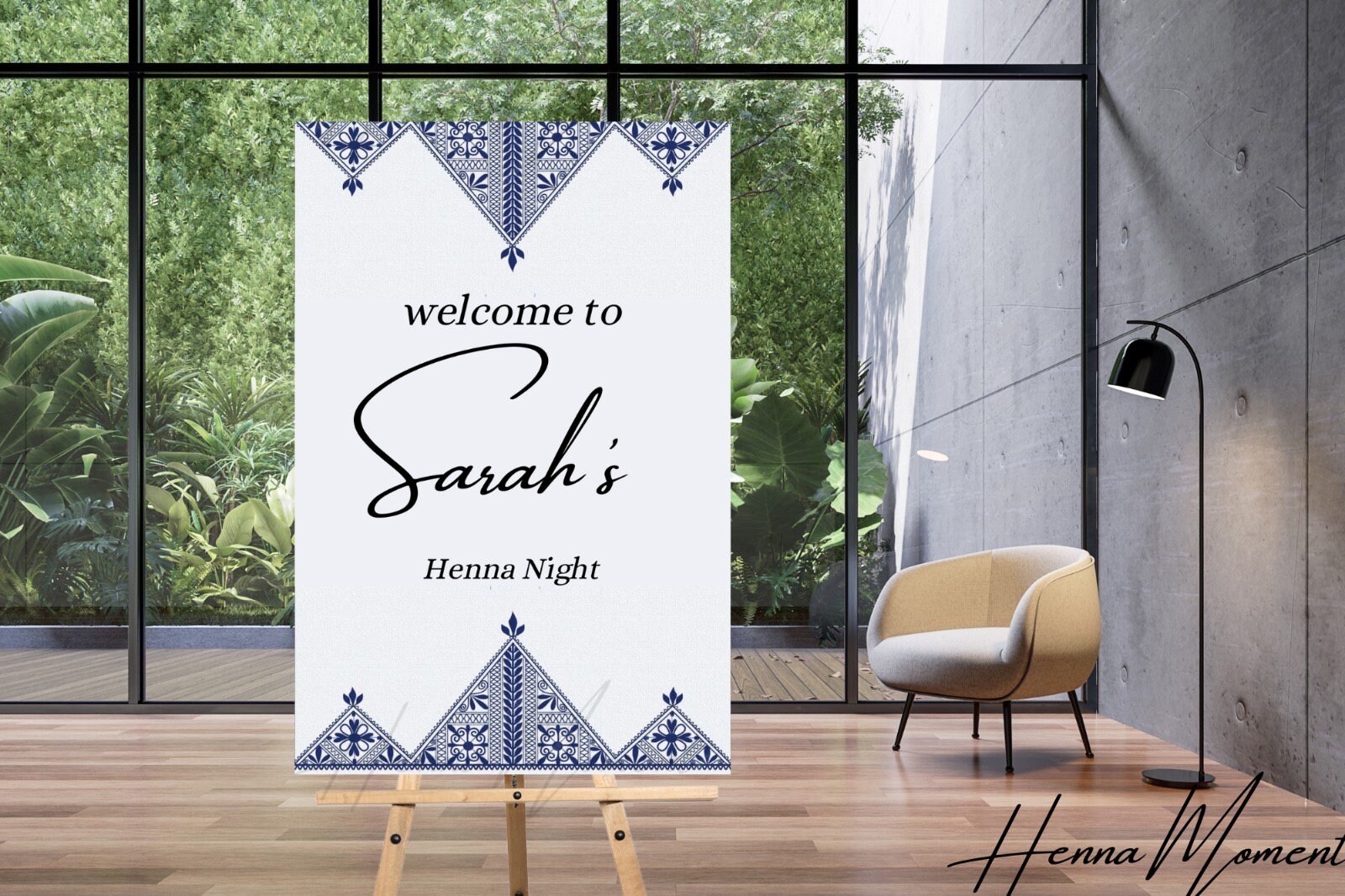 Moroccan Personalized HENNA WELCOME SIGN, Blue Fassi Decorated Welcome ...