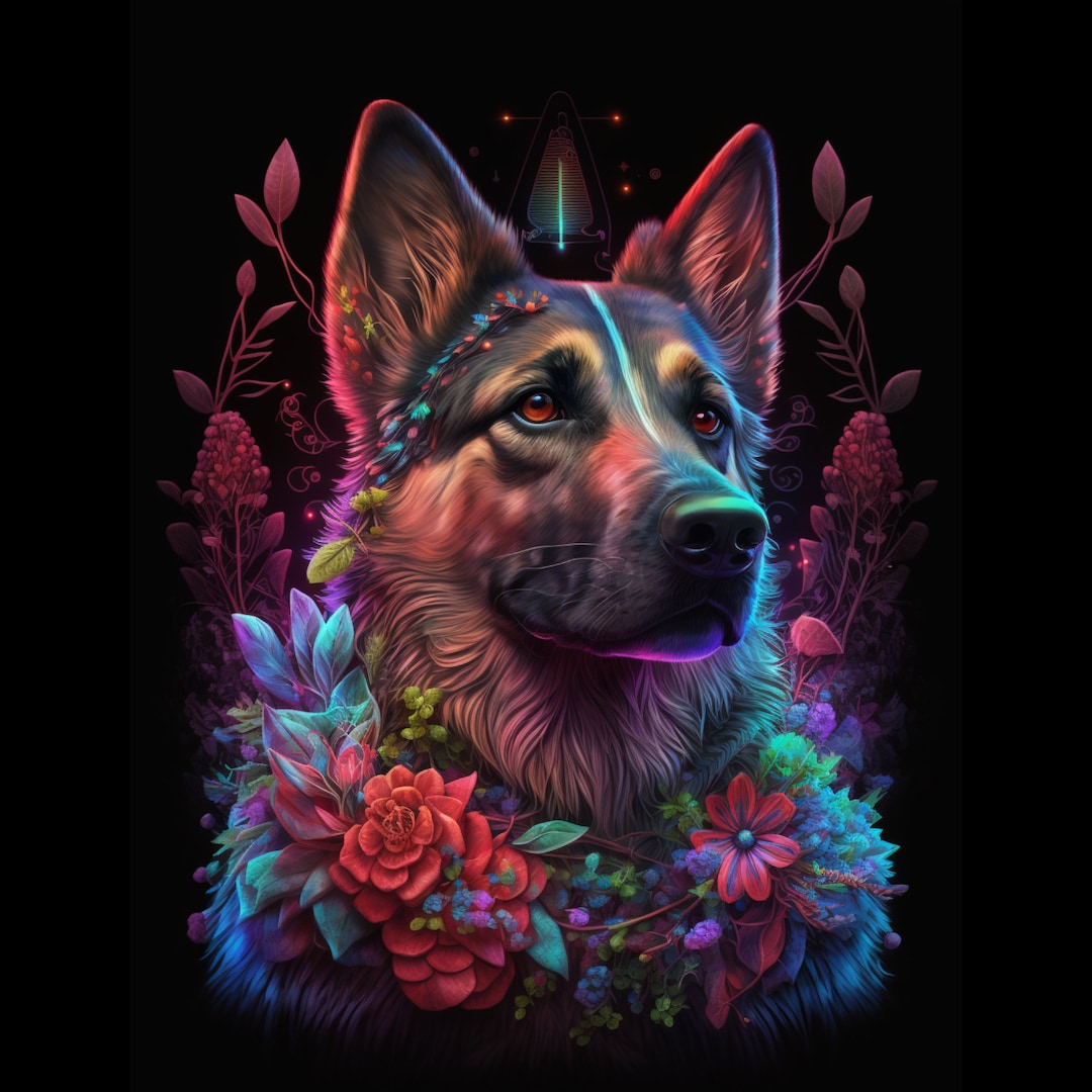 Realistic Portrait of a German Shepherd in Neon Lights With - Etsy