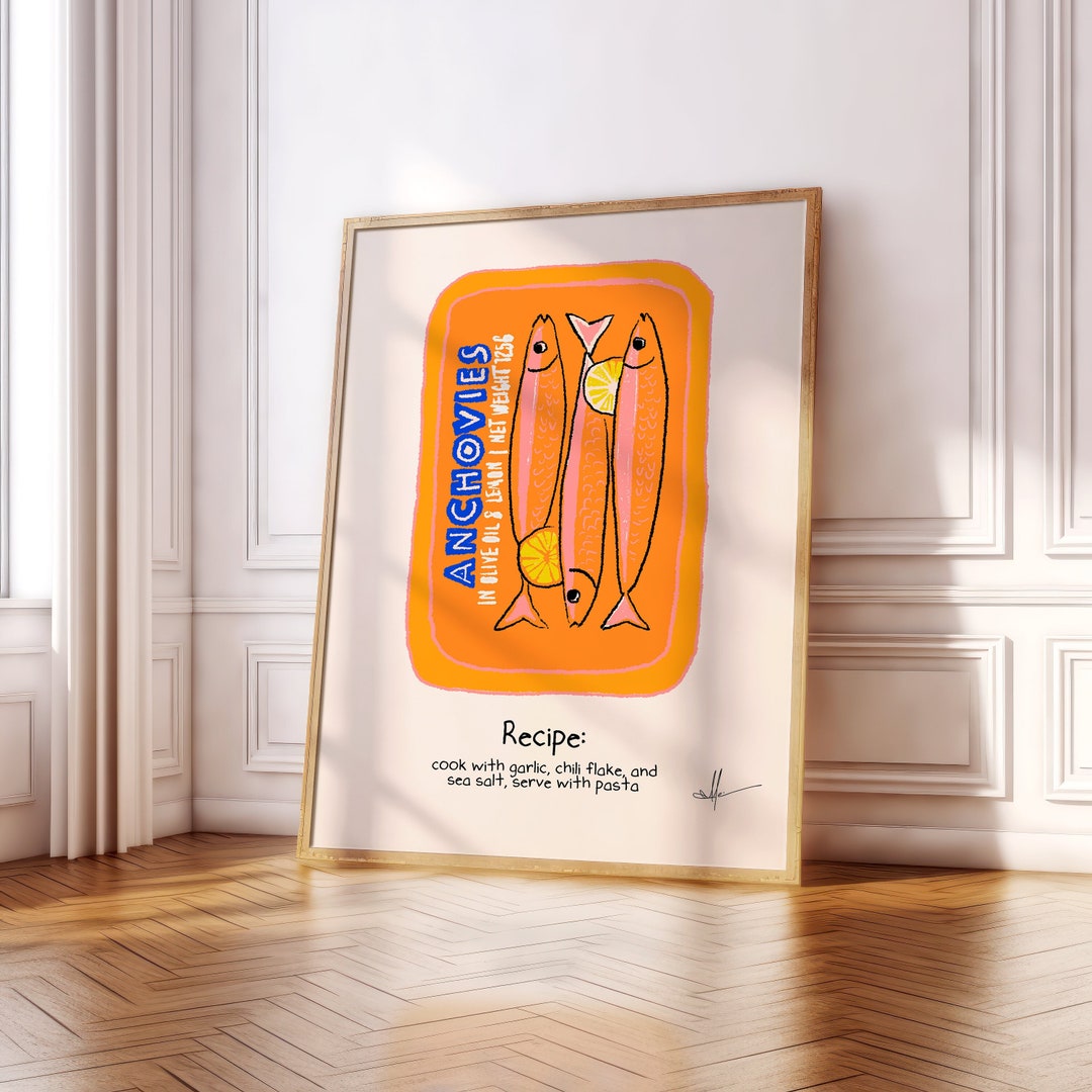 Anchovies Tin Fish Print, Hand Drawn Food Illustration, Foodie Kitchen ...