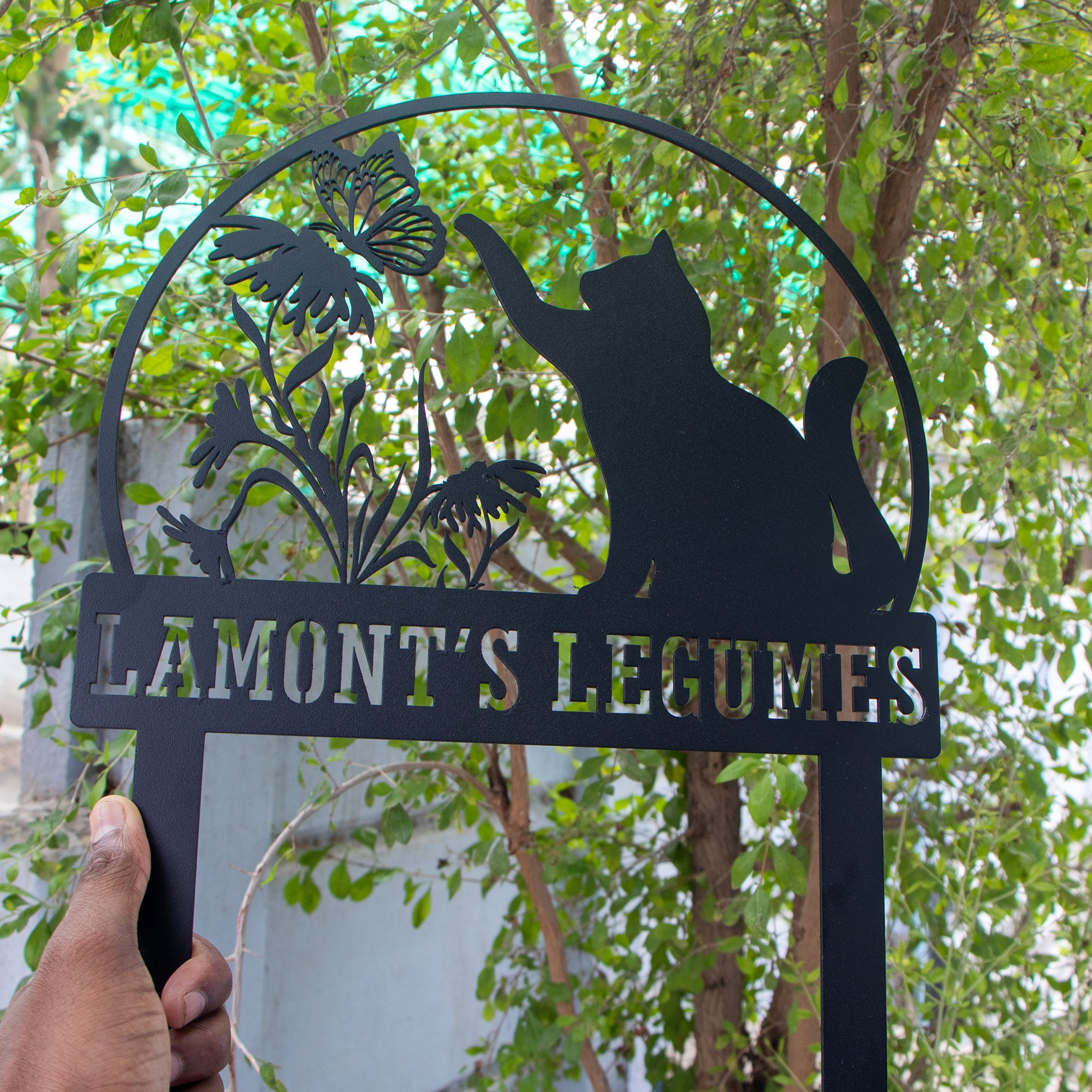 Custom Cat With Butterfly Garden Metal Sign, Cat With Bird Stakes ...