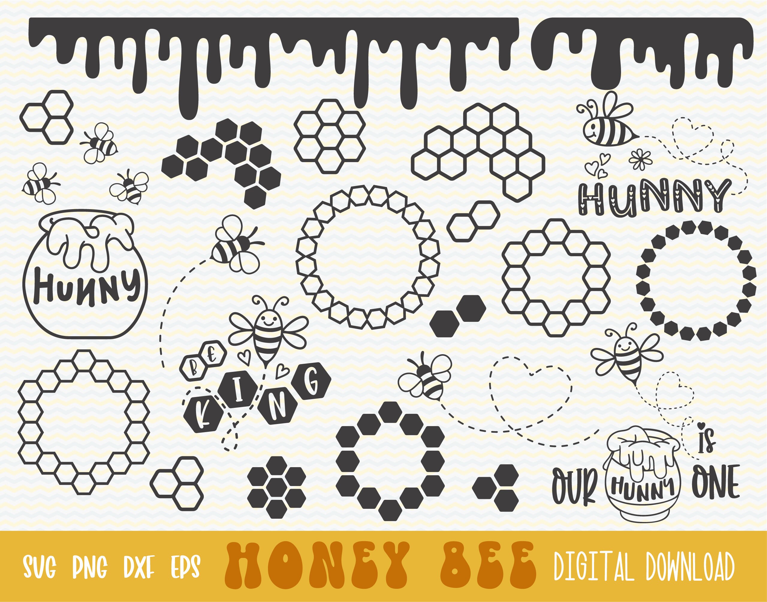 SVG PNG Cartoon Honey Bee Bundle, Honeycomb, Dripping Honey, Flying Bee ...