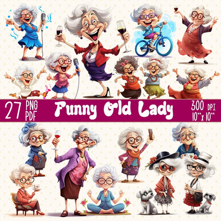 27 PNG Funny Cheerful Old Lady Clipart, Watercolor Cartoon Grandma ...