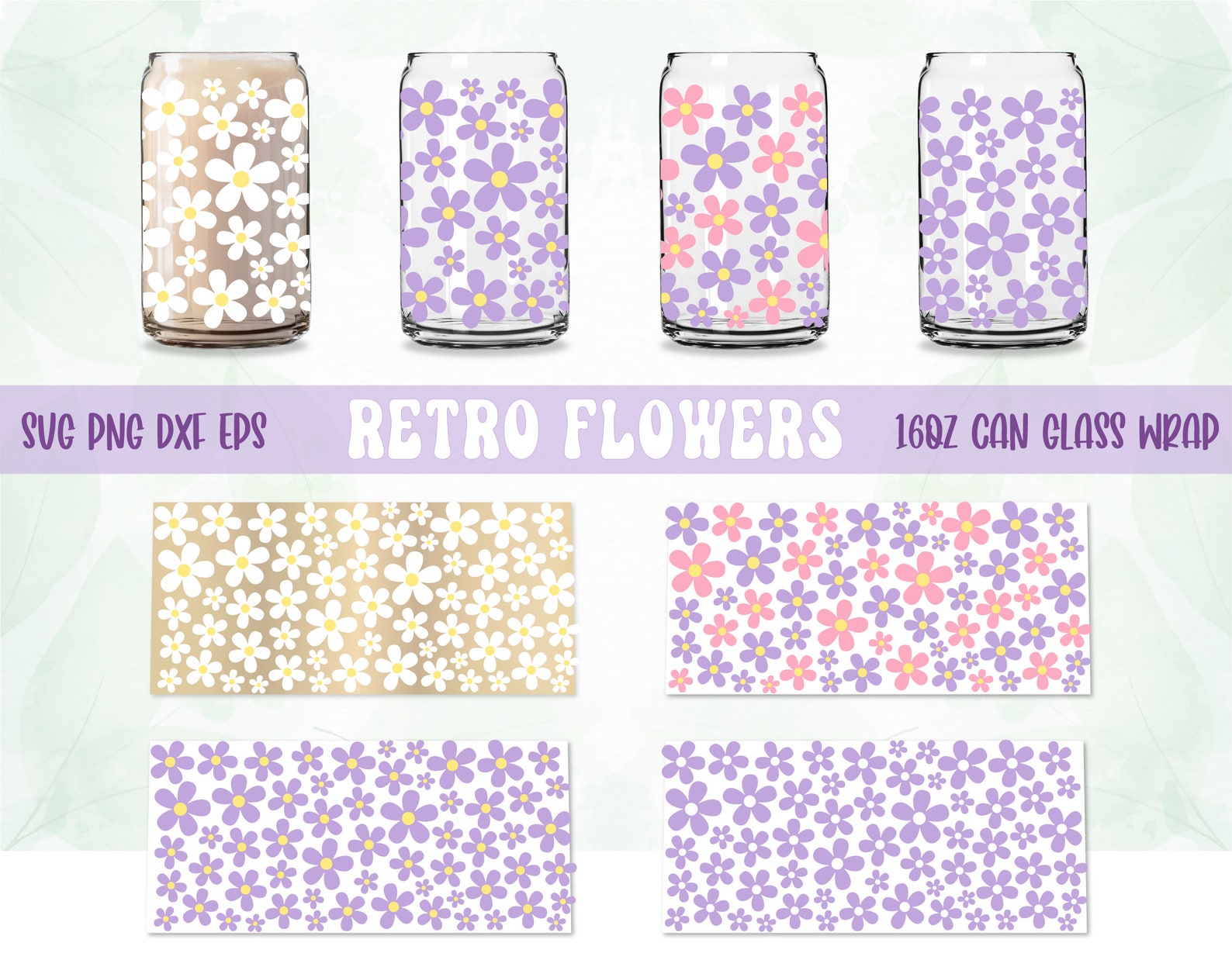 SVG PNG Retro Daisies Flowers, Libbey Glass Can Wrap 16oz, Layered Svg ...