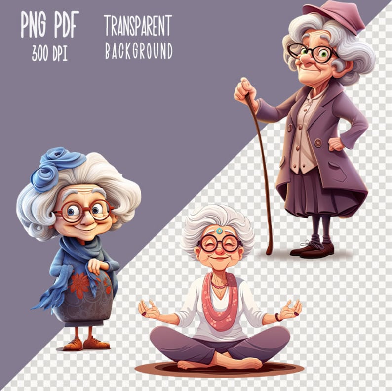 27 PNG Funny Cheerful Old Lady Clipart, Watercolor Cartoon Grandma ...