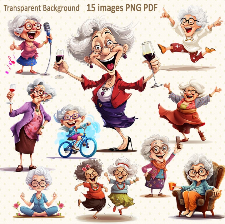 15 PNG Funny Cheerful Old Lady Clipart, Watercolor Cartoon Grandma ...