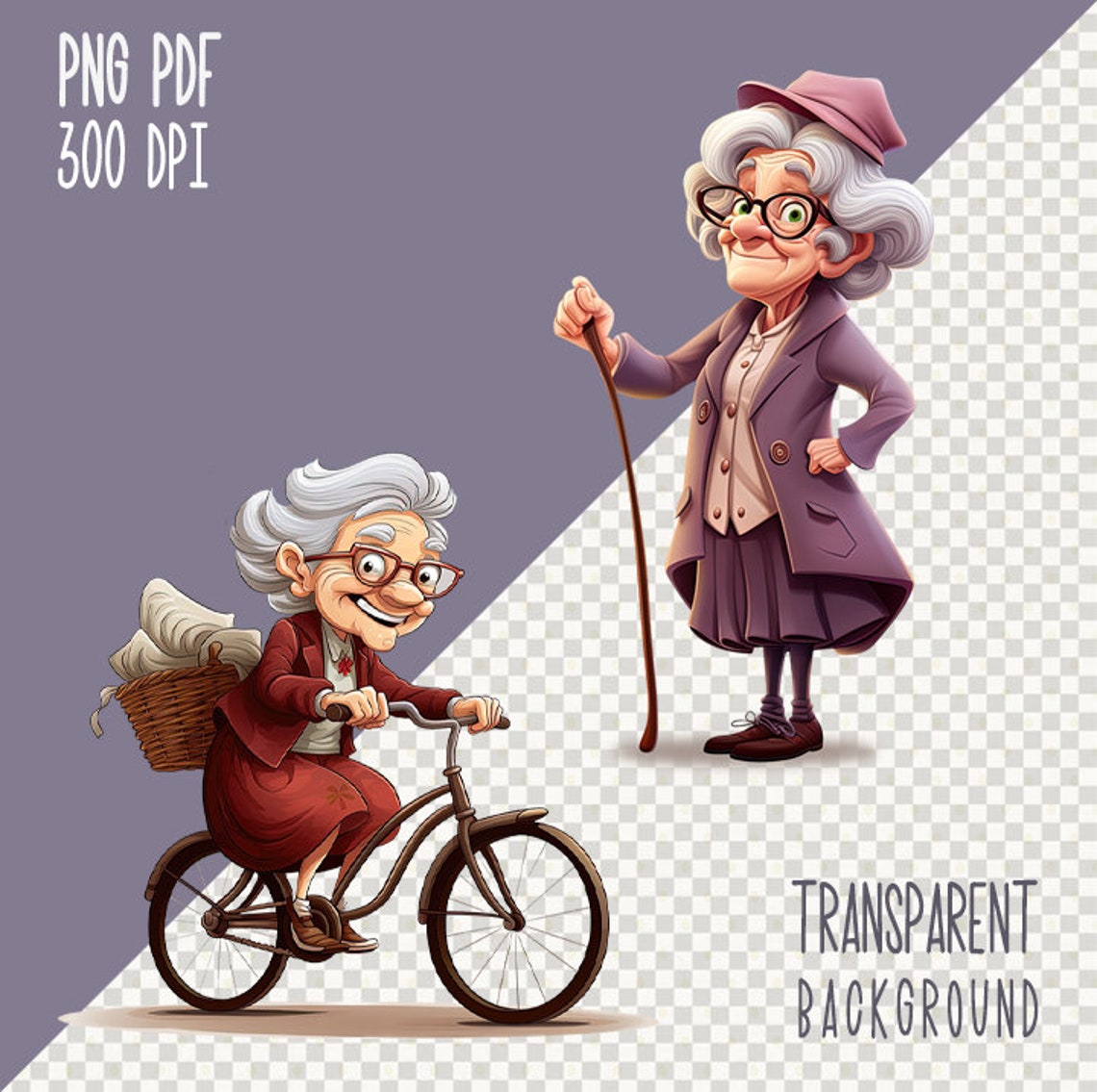 12 PNG Funny Cheerful Old Lady Clipart, Watercolor Cartoon Grandma ...