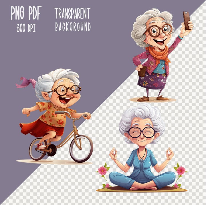 27 PNG Funny Cheerful Old Lady Clipart, Watercolor Cartoon Grandma ...
