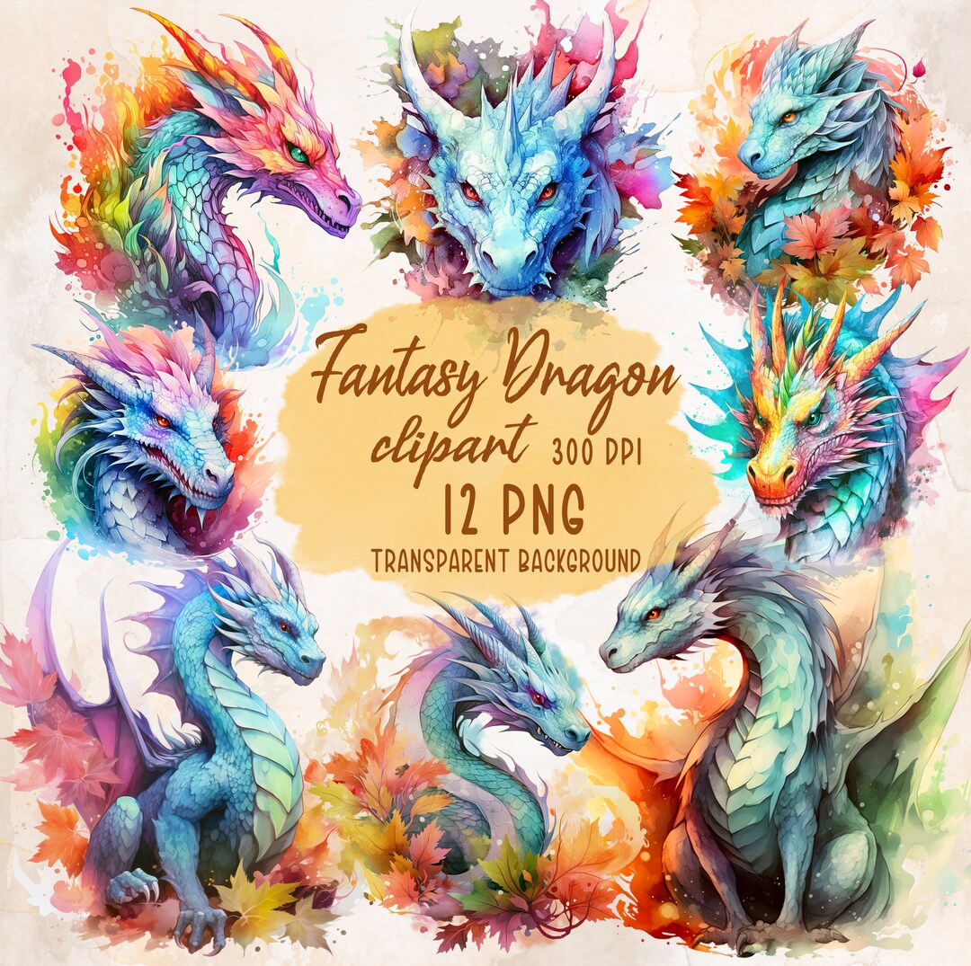 Fantasy Dragons PNG Clip Art, Watercolor Printable Art, 12 Magical ...