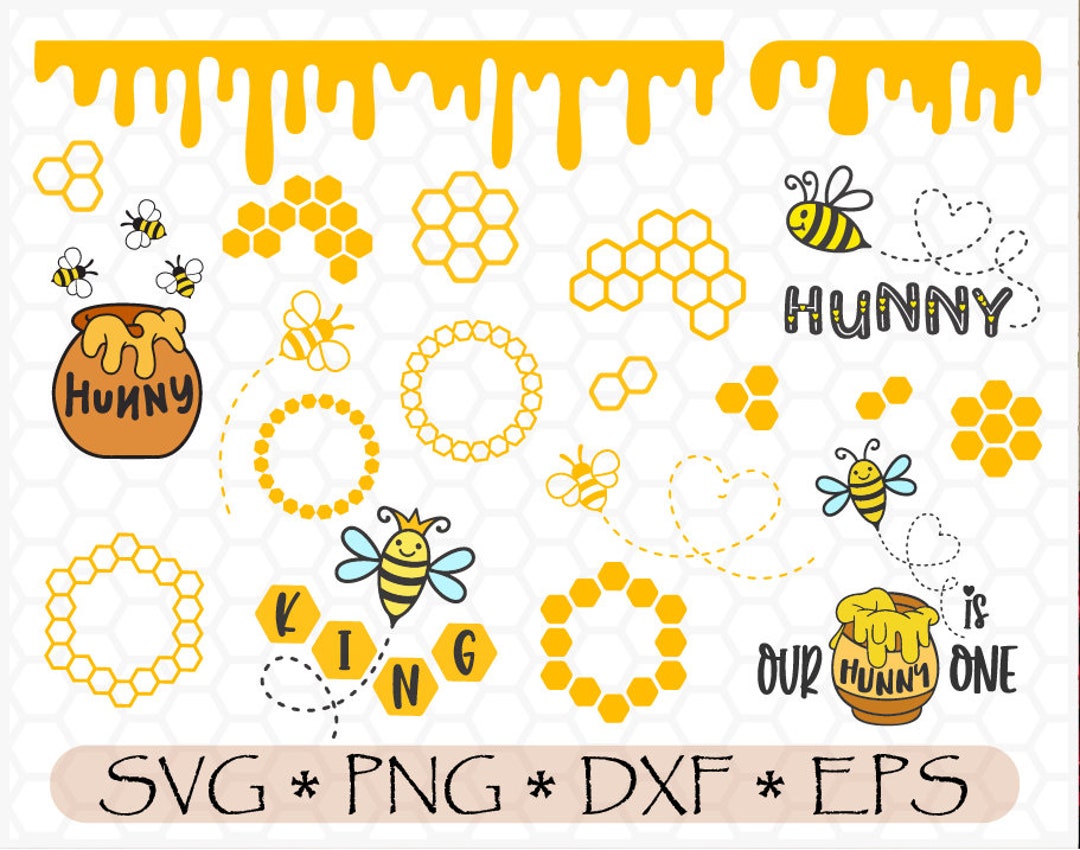 SVG PNG Cartoon Honey Bee Bundle, Honeycomb, Dripping Honey, Flying Bee ...