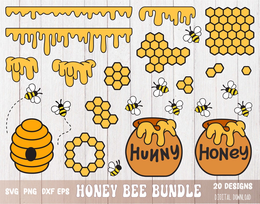 SVG PNG Cartoon Honey Bee Bundle, Honeycomb, Dripping Honey, Flying Bee, Honey Hunny Pot, Bee ...
