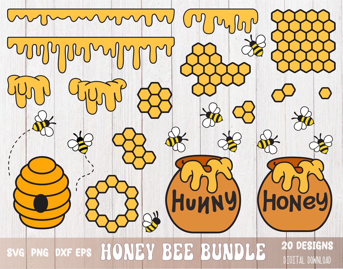 SVG PNG Cartoon Honey Bee Bundle Honeycomb Dripping Honey - Etsy