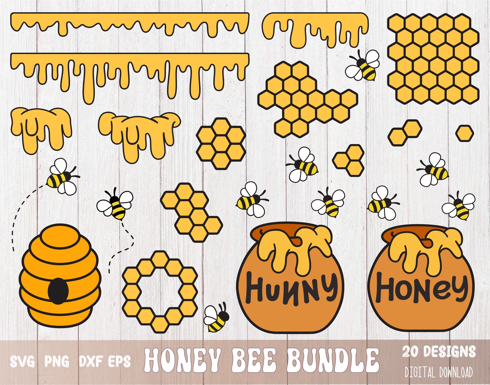 SVG PNG Cartoon Honey Bee Bundle, Honeycomb, Dripping Honey, Flying Bee ...