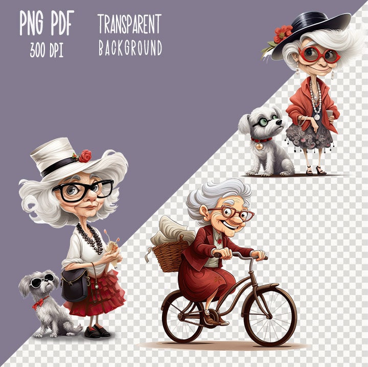 27 PNG Funny Cheerful Old Lady Clipart, Watercolor Cartoon Grandma ...