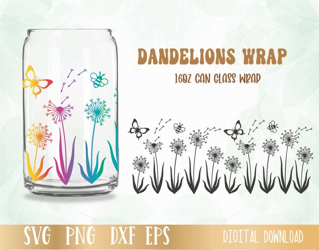 SVG PNG Wild Flowers Dandelions Butterfly Bee, Libbey Glass Can Wrap ...