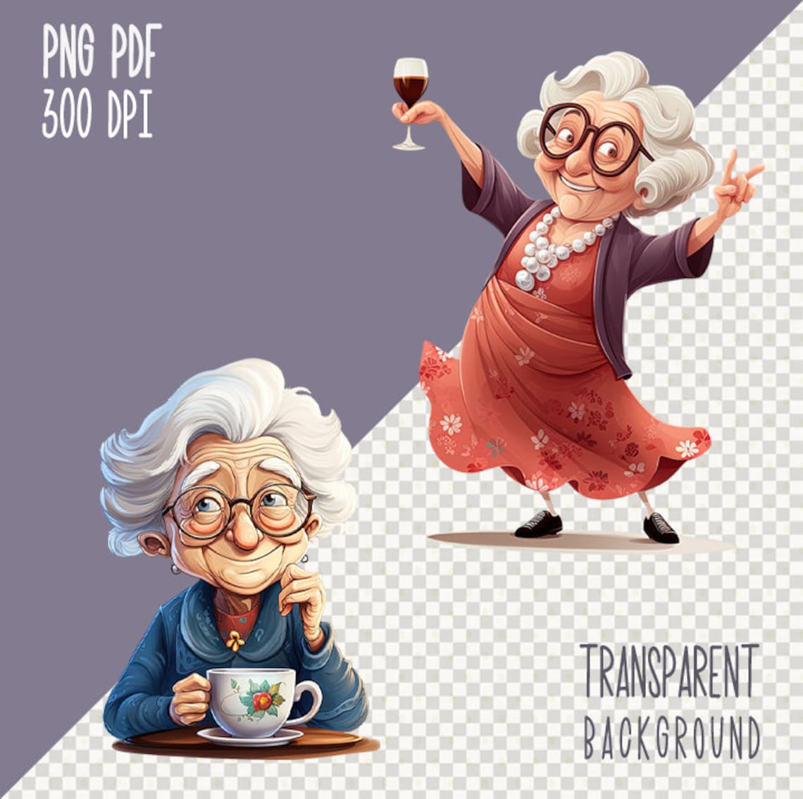 12 PNG Funny Cheerful Old Lady Clipart, Watercolor Cartoon Grandma ...