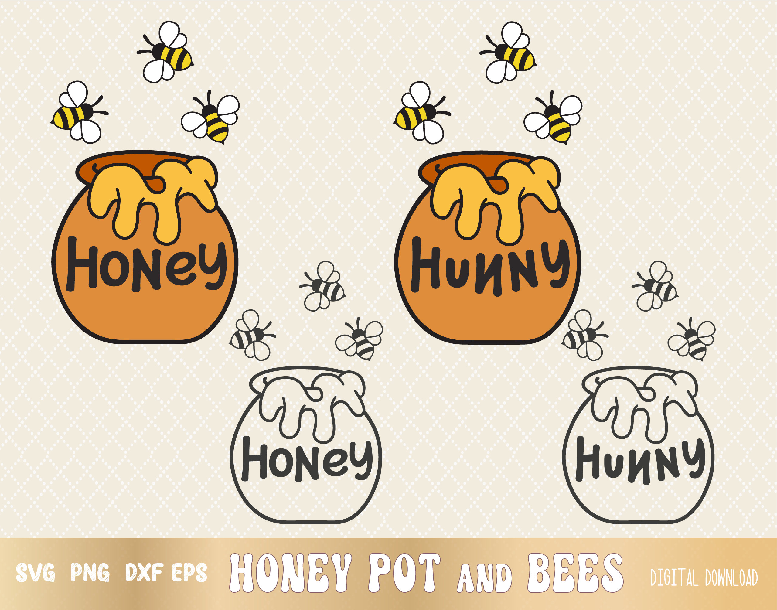 SVG PNG Honey Pot and Flying Bee, Hunny Pot and Bees Svg, Honey Bee Svg ...