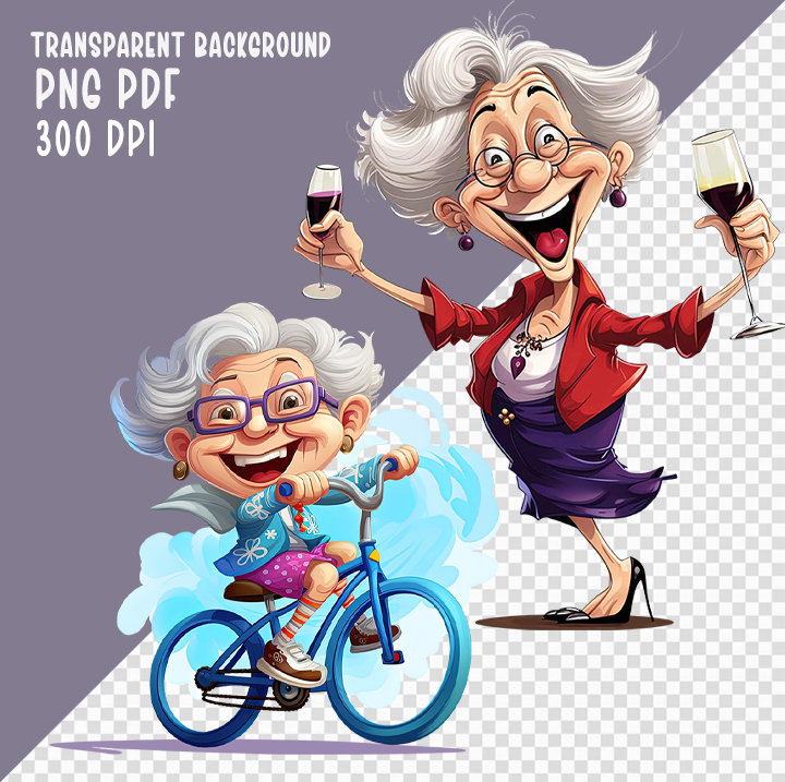 15 PNG Funny Cheerful Old Lady Clipart, Watercolor Cartoon Grandma ...