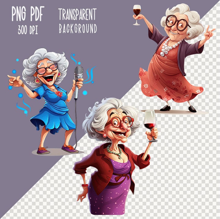 27 PNG Funny Cheerful Old Lady Clipart, Watercolor Cartoon Grandma ...