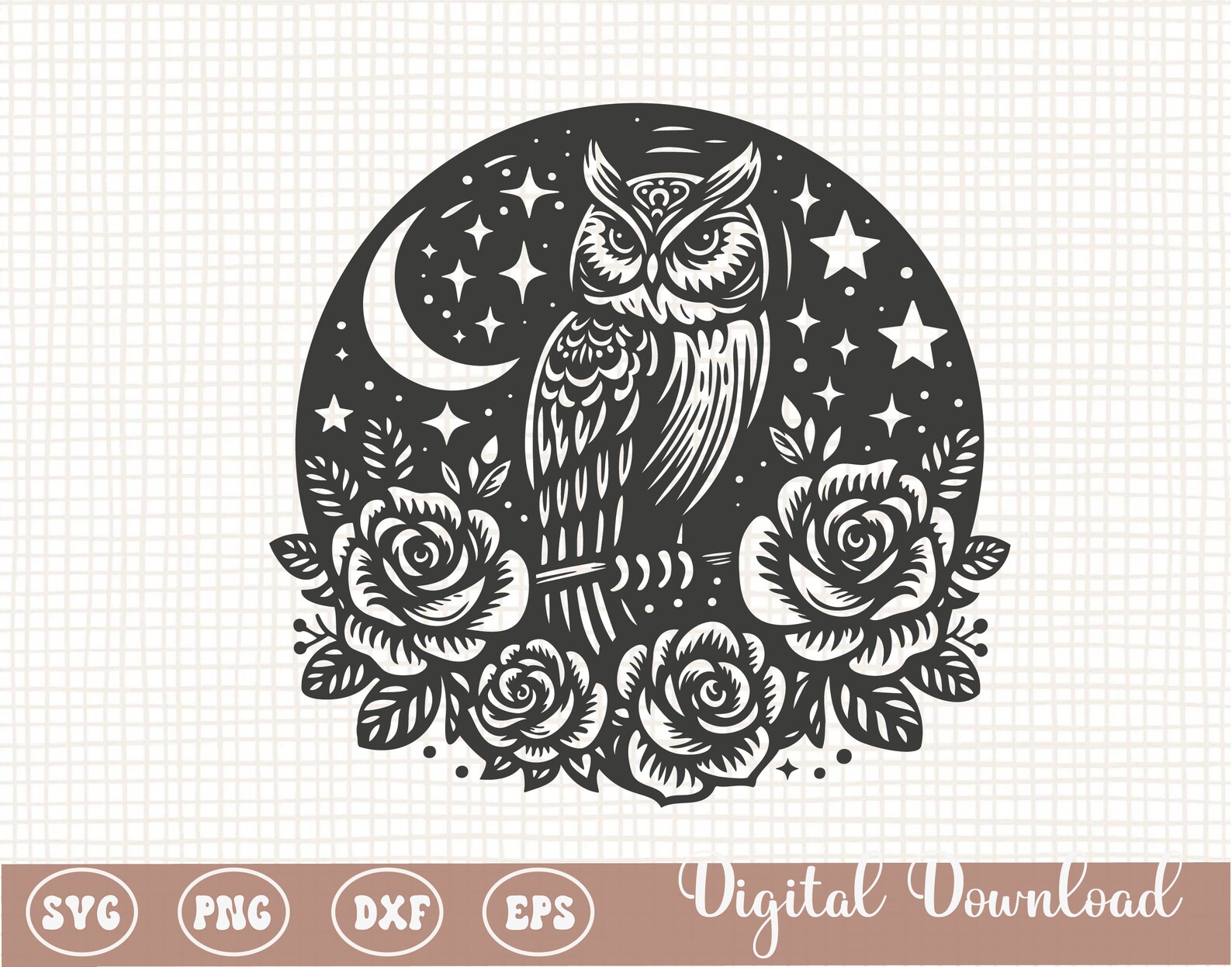 SVG PNG Owl With Rose Flowers, Floral Crescent Moon, Ready for Laser ...