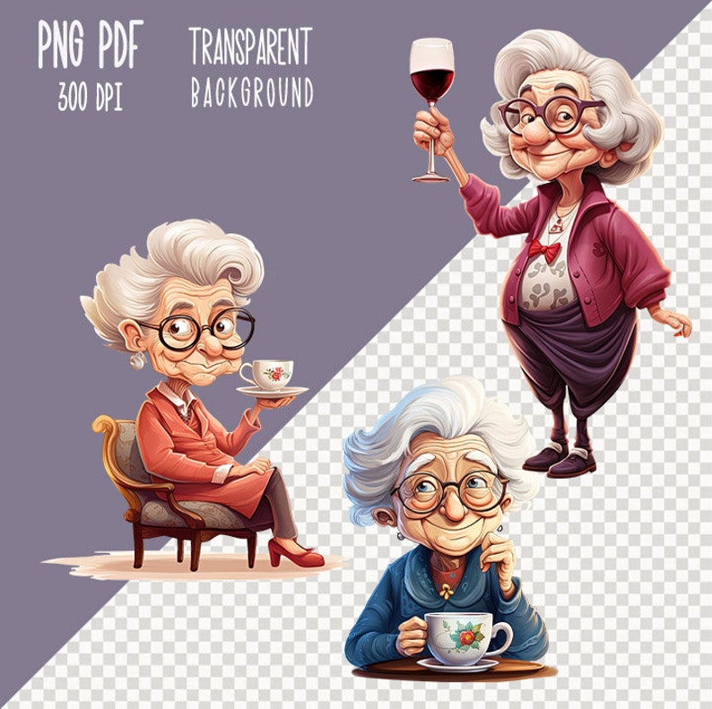 27 PNG Funny Cheerful Old Lady Clipart, Watercolor Cartoon Grandma ...