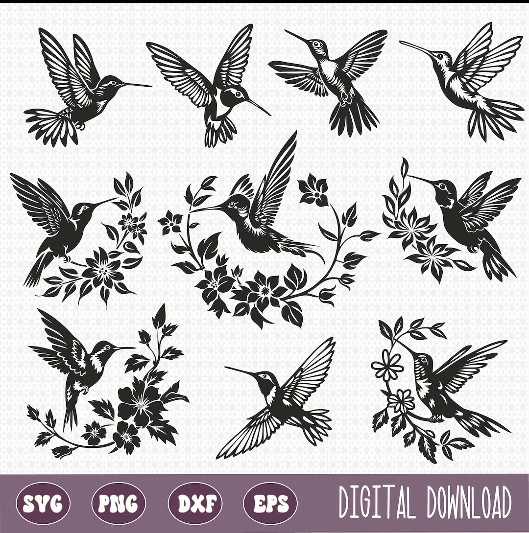 SVG PNG Hummingbird and Flowers Bundle, Flying Tropical Birds, Summer ...
