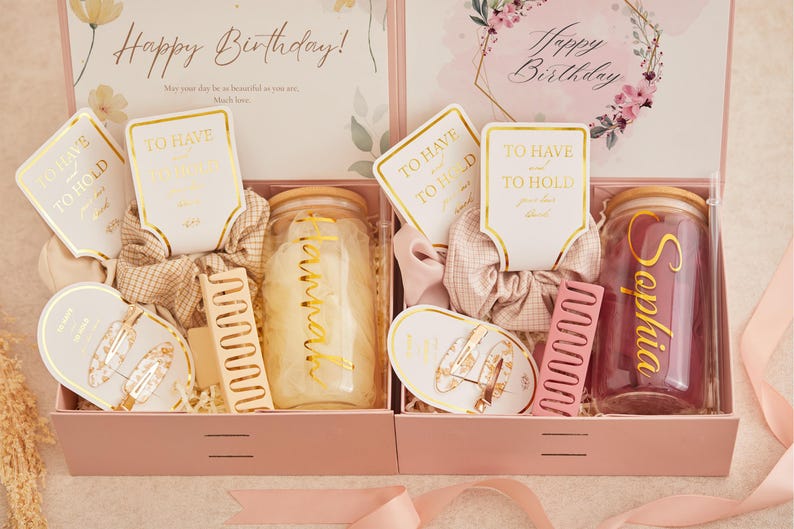 Personalized Birthday Box Gift Set, Custom Glass Cup Box, Pink Box ...