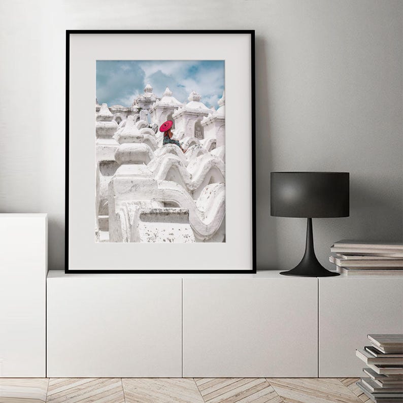 Maximalism Decor, White Temple Pagoda Photo With Fuchsia Umbrella ...