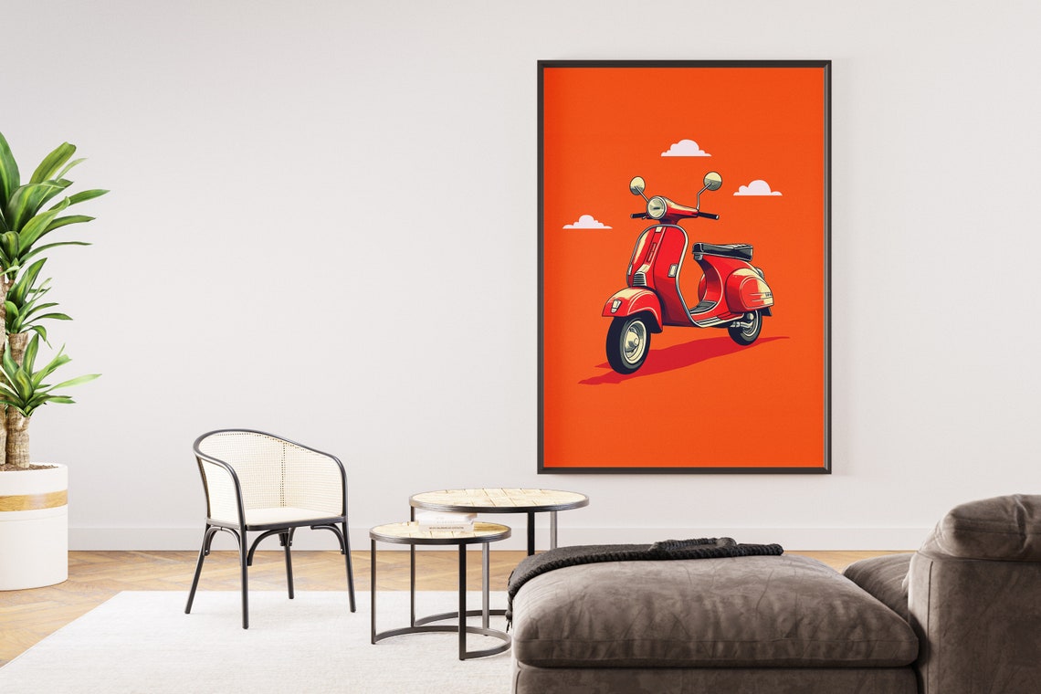 Vibrant Red Vespa Scooter Illustration, Printable Poster, Bold Colors ...