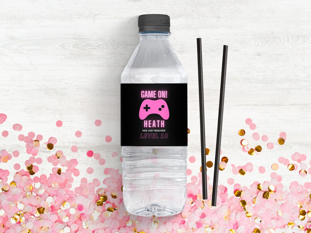 Video Game Water Bottle Label, Personalised Printable Template, Neon ...