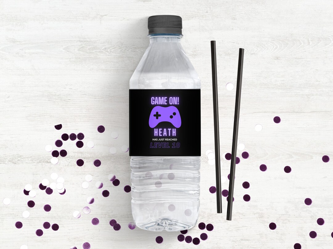 Video Game Water Bottle Label, Personalised Printable Template, Neon ...