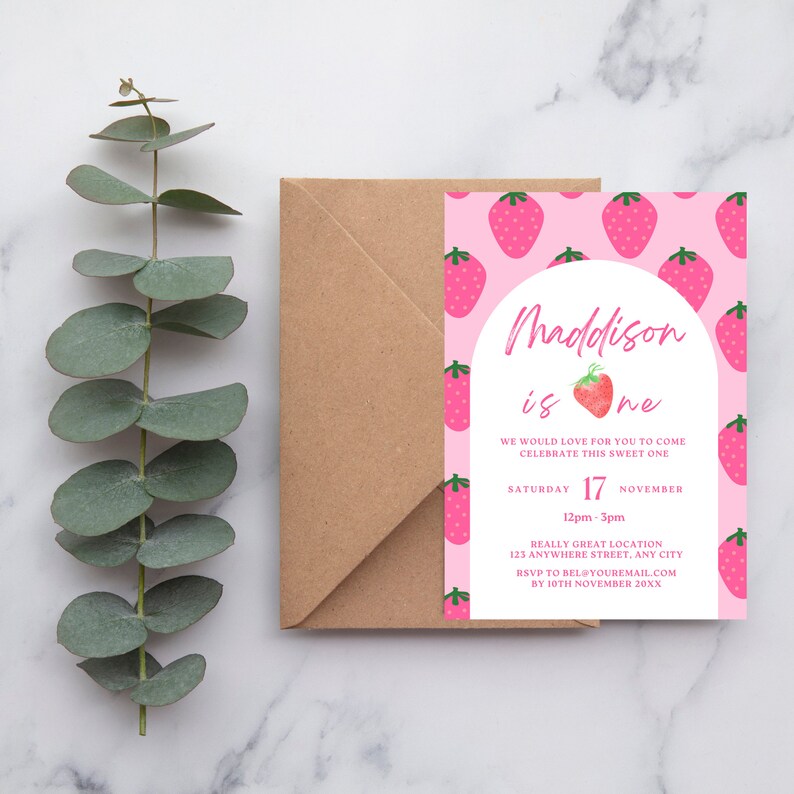 Strawberry Birthday Party Invitation, Berry First Party, Pink and Red ...