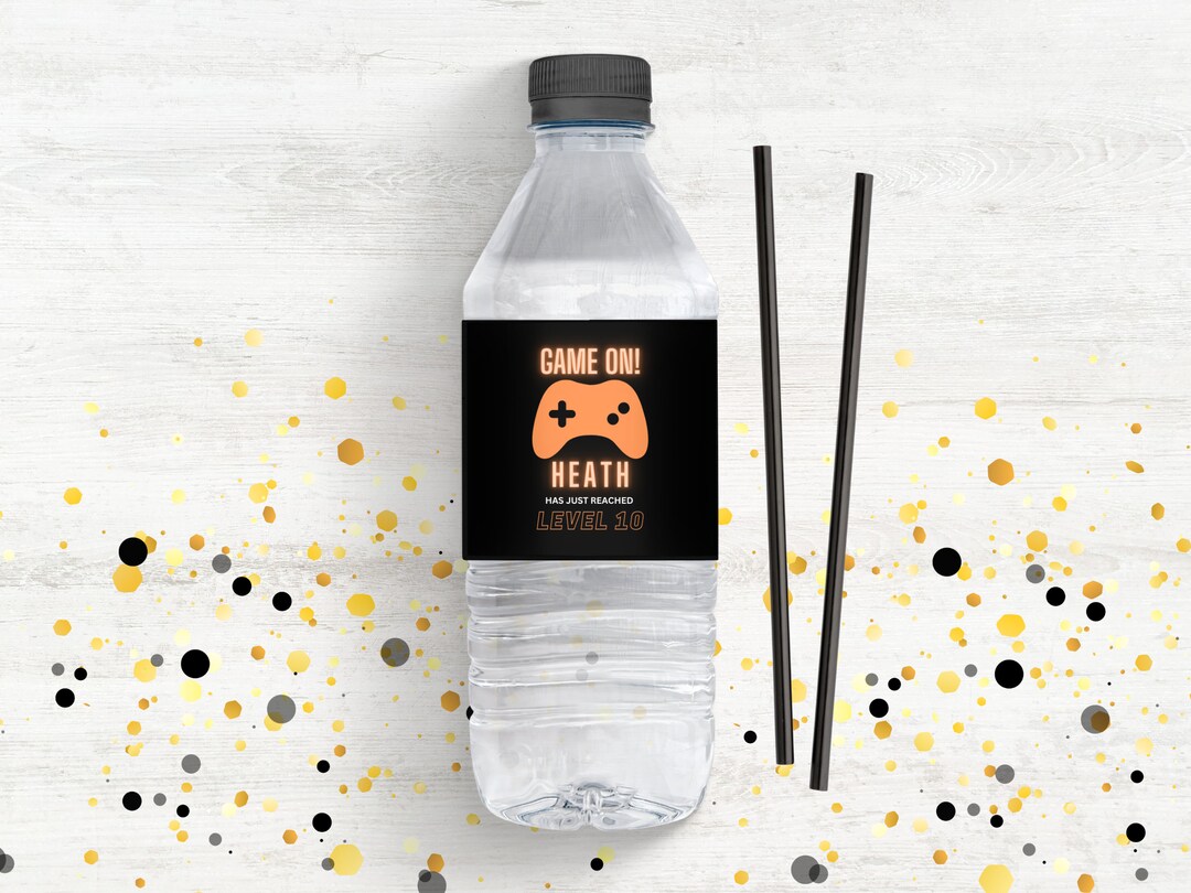 Video Game Water Bottle Label, Personalised Printable Template, Neon ...