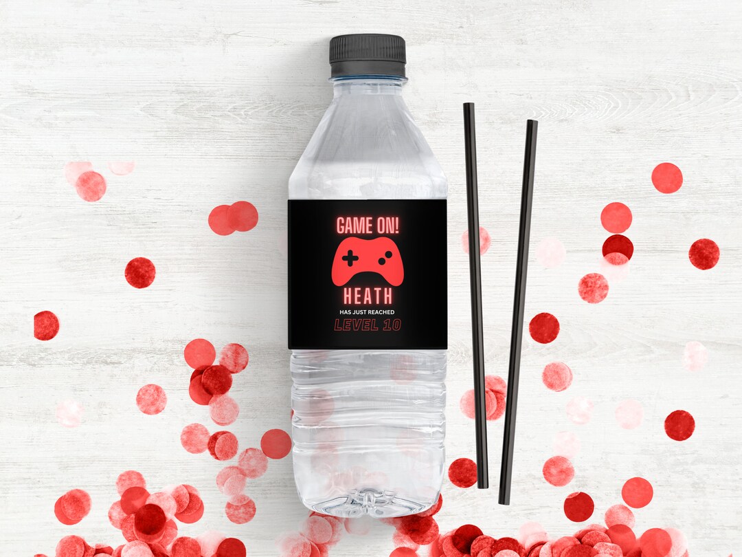 Video Game Water Bottle Label, Personalised Printable Template, Neon ...