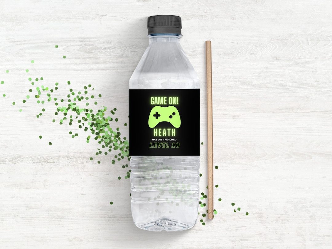 Video Game Water Bottle Label, Personalised Printable Template, Neon ...