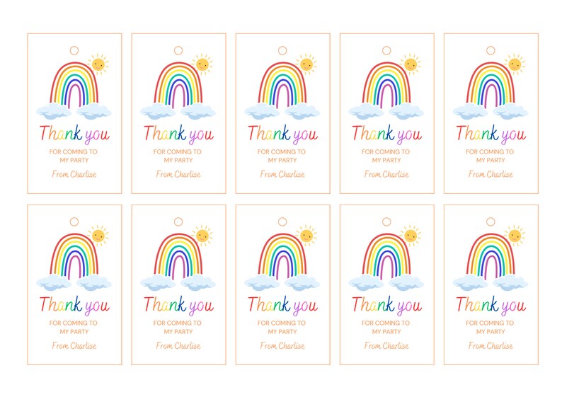 Rainbow Birthday Thank You Tag, Template Editable Colourful Sun, 1st ...