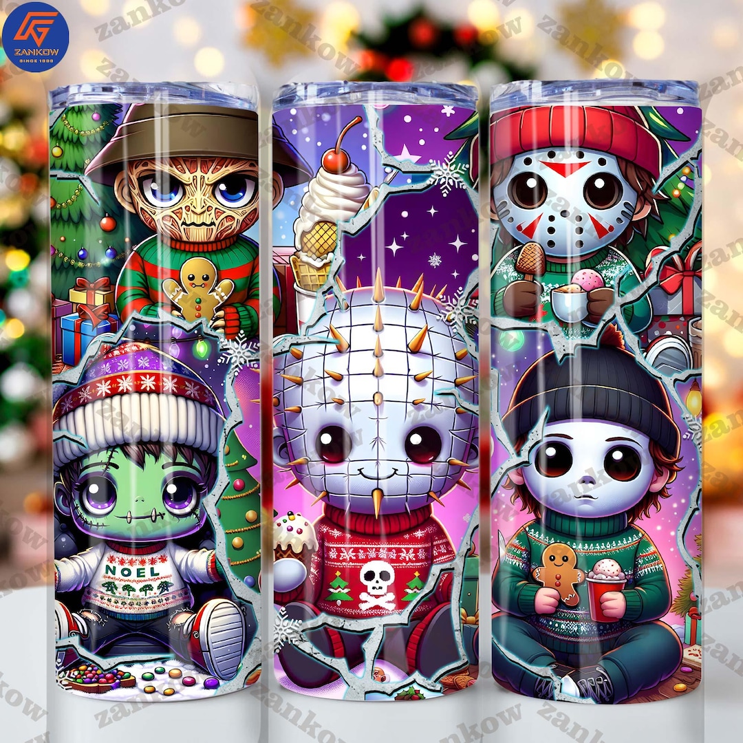 Merry Creepmas Chibi Skinny Tumbler Wrap Png, Pink Christmas Horrors ...