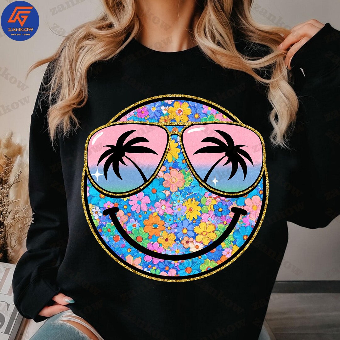 Preppy Floral Smiley Summer Png, Distressed Smile Face Beach Vibes Png ...