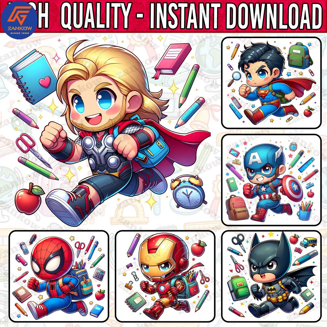 Superhero Back to School Png Bundle, Cartoon First Day of School Png ...