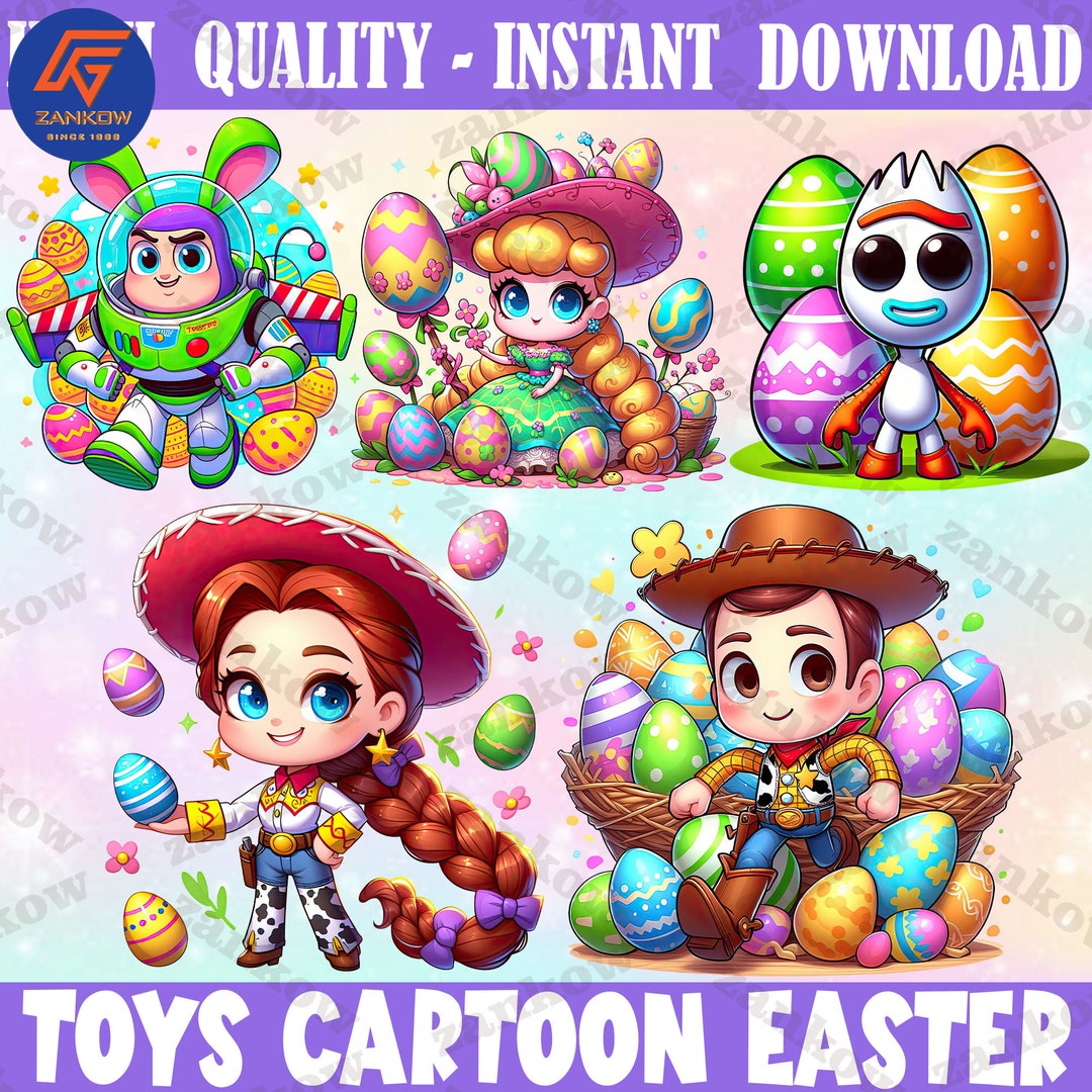 5 Easter Cartoon Toy Friends Png Bundle, Cartoon Easter Png, Happy ...