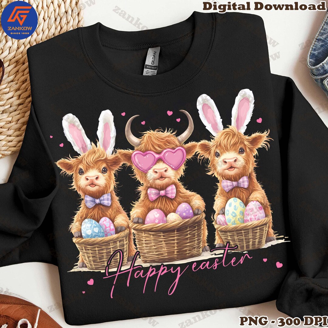 Easter Day Highland Cow PNG, Cute Cow Easter Png, Retro Easter Png ...