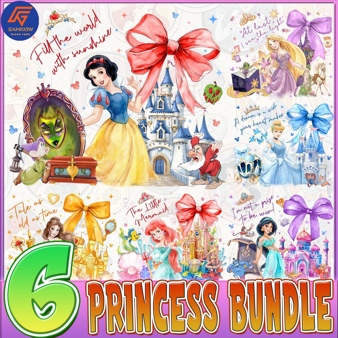 6 Watercolor Cartoon Princess PNG Bundle, Cute Princess PNG, Magical ...